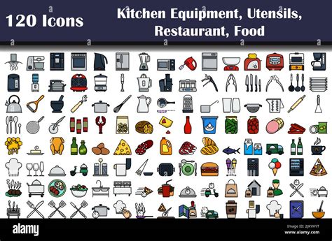 120 Icons Of Kitchen Equipment Utensils Restaurant Food Editable Bold Outline With Color