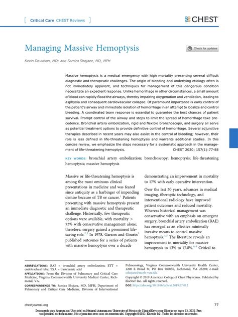 Managing Massive Hemoptysis Pdf Respiratory System Causes Of Death