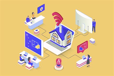 3d 아이소메트릭 디자인의 스마트 홈 개념 아파트 또는 주택의 보안 시스템 및 기타 센서의 원격 모니터링 및 제어 웹 그래픽을