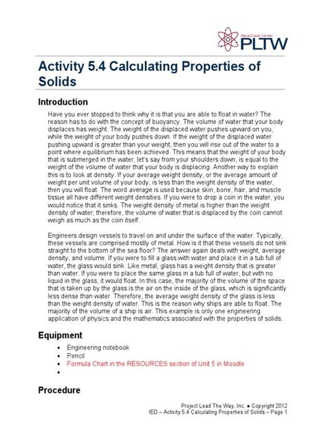 Activity 5 4 Calculating Properties Of Solids Formula Chart In The Resources Section Of Unit 5