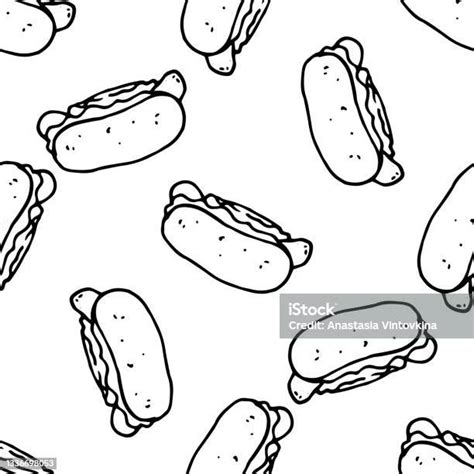 벡터 원활한 핫도그 패턴손으로 그린 핫도그 패턴 메뉴 라벨 디자인 템플릿을 위해 흰색 배경에 무작위로 배열 된 롤빵과 소시지의 낙서 블랙 절연 윤곽의 스타일의 길거리 음식