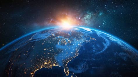 In The Background Are Deep Space Galaxy Constellations Stars And A Satellite View Of Planet