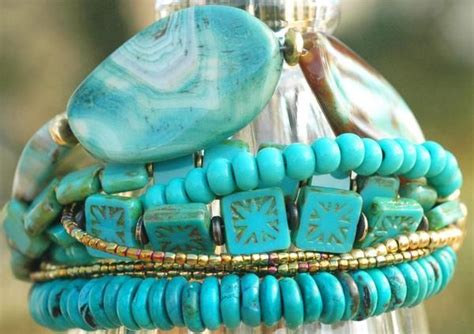 Beautiful Turquoise, Blue Agate, Glass & Gold Statement Charm Bracelet ...
