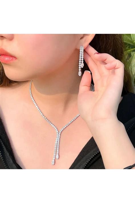 BAHELS Gümüş Kaplama Zirkon Taşlı Rhinestone Su Yolu Kolye Küpe Seti