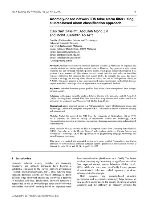 PDF Anomaly Based Network IDS False Alarm Filter Using Cluster Based Alarm Classification Approach