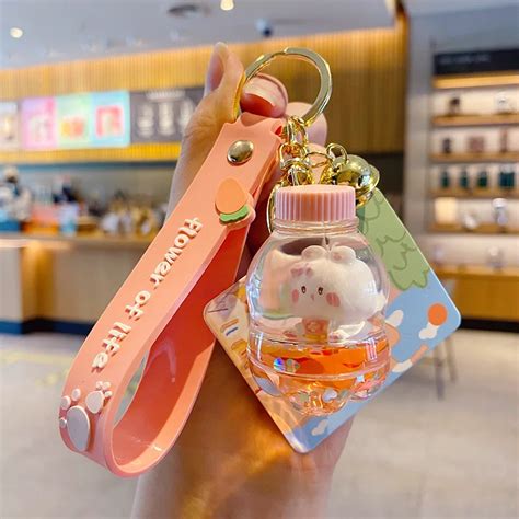 사랑스러운 플로팅 토끼 우유 차 컵 키체인 귀여운 퀵샌드 버니 체리 음료 병 참 키체인 여성용 가방 키포브 Aliexpress