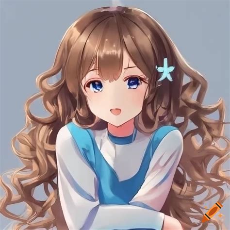 Cute Anime Girl With Brown Curly Hair And Blue Clothes On Craiyon