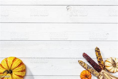 흰색 풍화 나무 테이블에 다양한 작은 박과 인도 옥수수의 머리 위 배경 공중 뷰에 대한 스톡 사진 및 기타 이미지 공중 뷰 가을 탁자 Istock