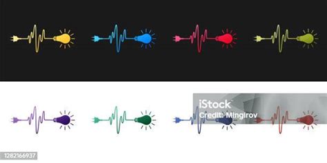 흑백 배경에 격리된 와이어 플러그 및 전구 아이콘을 설정합니다 하트 비트의 형태로 플러그 램프 및 코드를 연결합니다 전기 및 조명의 개념 벡터 0명에 대한 스톡 벡터 아트