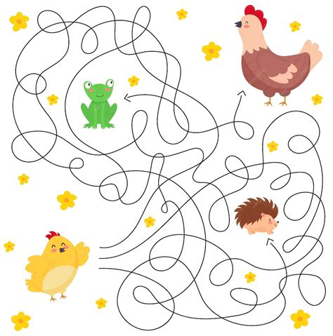 아이들을 위한 귀여운 미로 아이들을 위한 게임 아이들을 위한 퍼즐 행복한 캐릭터 미로 수수께끼 색상 벡터 Eps 10 그림 올바른 경로 찾기 만화 스타일 개구리 새끼