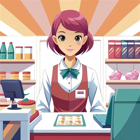 Smiling Cashier Woman Standing Behind The Counter In A Store Premium