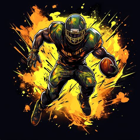 Football Player Running With Ball In His Hand And Fire Behind Him