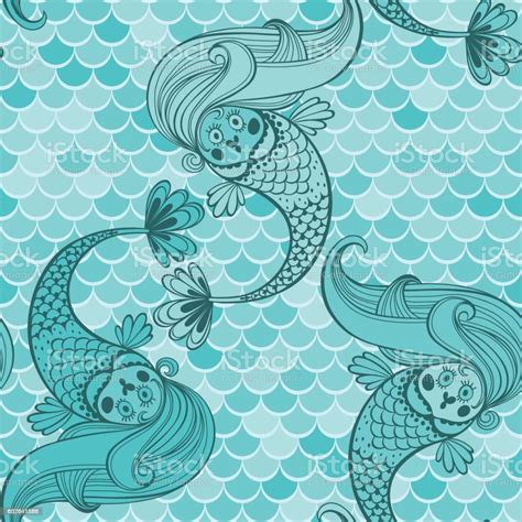 귀여운 인 어와 함께 완벽 한 패턴입니다 흑백 벡터 배경입니다 0명에 대한 스톡 벡터 아트 및 기타 이미지 0명 개성 개념