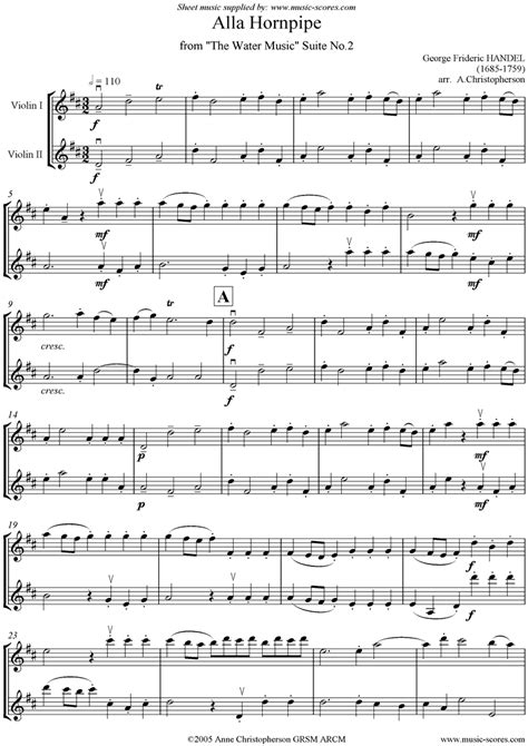 Handel Water Music Suite No2 Alla Hornpipe 2 Violins Classical Sheet