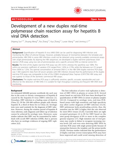 Pdf Development Of A New Duplex Real Time Polymerase Chain Reaction Assay For Hepatitis B