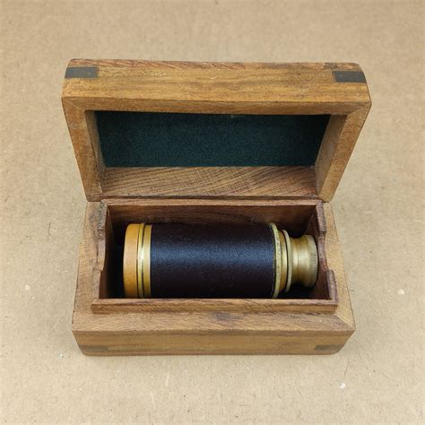 Vintage 2 Draw Brass Pocket Telescope Spyglass Wooden Anchor Box