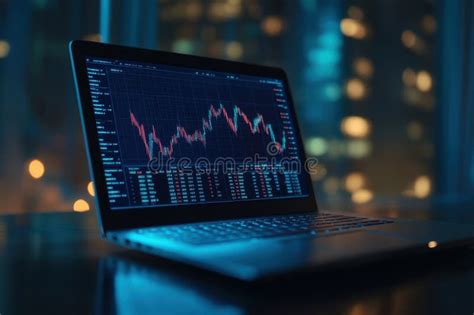 Laptop Showing Live Candlestick Charts And Financial Data In A Nighttime Office Suggesting