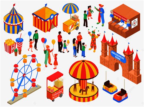 서커스 텐트 아이스크림과 팝콘 카트 광대와 함께 놀이 공원 아이소 메트릭 세트 공기 풍선 격리 된 벡터 일러스트 레이 션을 나눠주는 광대 밖 빠른 행복했어 Png