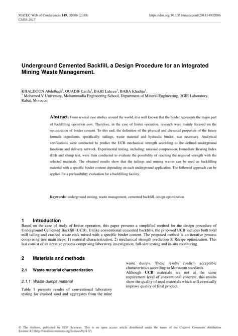 PDF Underground Cemented Backfill A Design Procedure For An Integrated Mining Waste Management