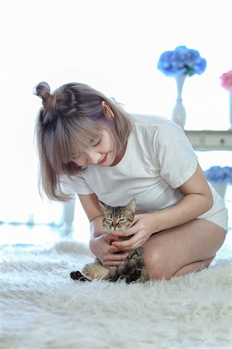 A Girl Playing With A Cat Lazy Weekend With Cat At Bedroom At Home Stock Image Image Of Korea