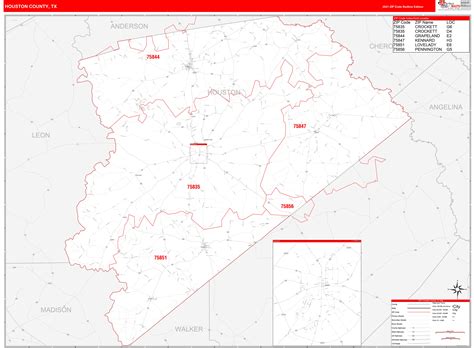 Houston County Tx Zip Code Wall Map Red Line Style By Marketmaps