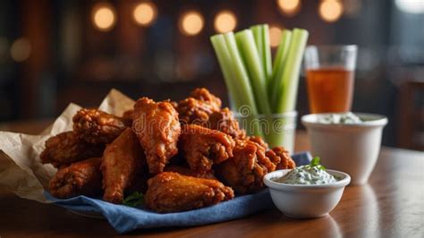 Spicy Buffalo Wings And Celery With Blue Cheese Dipping Sauce On Sports
