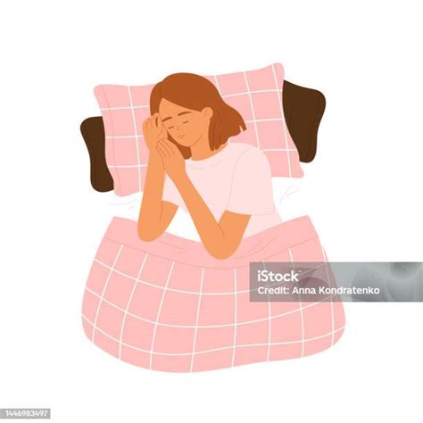 담요 아래 침대에서 자고 있는 젊은 여자 아늑한 침대에서 잠든 소녀 건강한 수면 휴식 개념 만화 스타일의 벡터 그림입니다 격리된 배경 잠옷 종류에 대한 스톡 벡터 아트 및