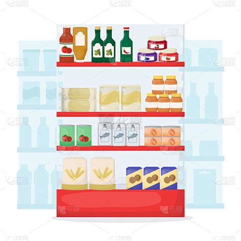 的杂货店。超市货架上的产品。食品商店内部。果酱，油，意大利面，面粉饼干和罐头卡通矢量