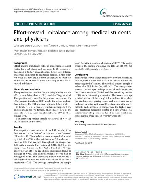 Pdf Effort Reward Imbalance Among Medical Students And Physicians