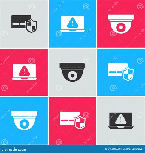 Set Credit Card With Shield Laptop Exclamation Mark And Security Camera Icon Vector Stock