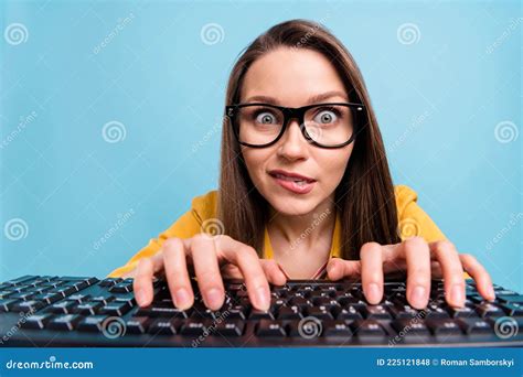 Photo Of Young Pretty Woman Bite Lips Teeth Worried Nervous Typing