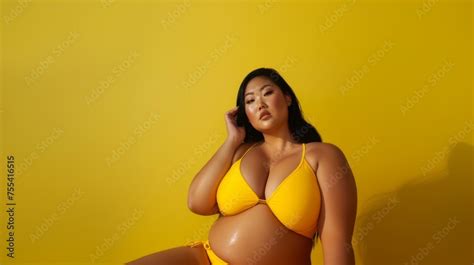 Plus Size Asian Female In A Swimsuit On Yellow Background Young Woman