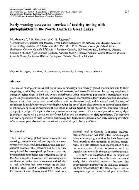 Pdf Early Warning Assays An Overview Of Toxicity Testing With