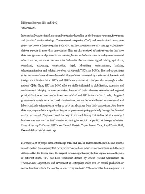 Difference Between Tnc And Mnc Pdf Multinational Corporation