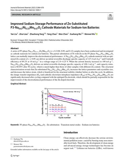 Improved Sodium Storage Performance Of Zn Substituted P3 Na067ni033mn067o2 Cathode Materilas