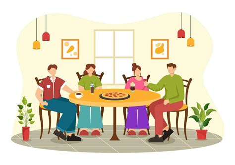 Double Date Vector Illustration With Two Couples Who Were Eating And
