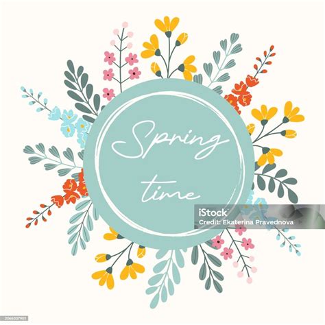 봄 시간 인용문 화려한 손으로 그린 꽃과 나뭇 가지로 꽃 장식 그런지 질감의 둥근 모양과 텍스트를 위한 공간 평면 벡터 그림입니다 판매 배너 또는 전단지 템플릿 다중 색상에