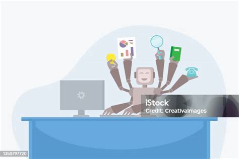 multitasking robot working with many tasks in office stock illustration