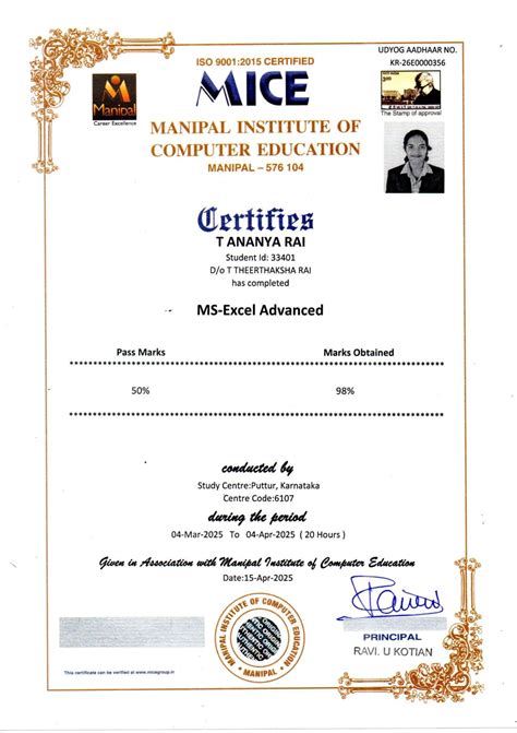successfully completed ms excel advanced certification from manipal institute of computer