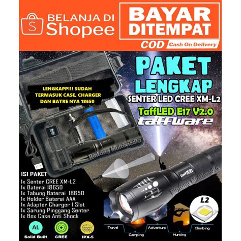 Jual Senter Tactical Taffware Led E17 Led Xml T6 8000lumens Paket