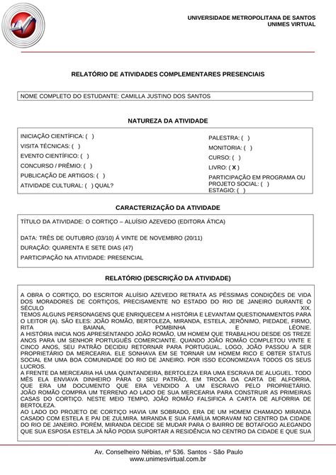 SOLUTION Obra Liter Ria O Corti O Aluisio Azedo Relatorio Acad Mico