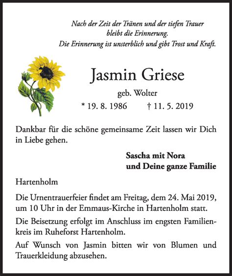 Traueranzeigen Von Jasmin Griese Trauer Anzeigen De