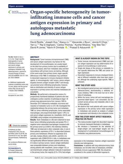Pdf Organ Specific Heterogeneity In Tumor Infiltrating Immune Cells