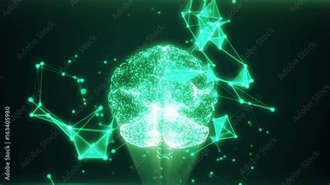 Human Brain Being Formed By Revolving Particles Plexus Structure Evolving Around Green