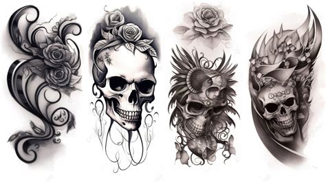 4 Skull Tattoo Designs With Flowers And Skulls Background Picture Of