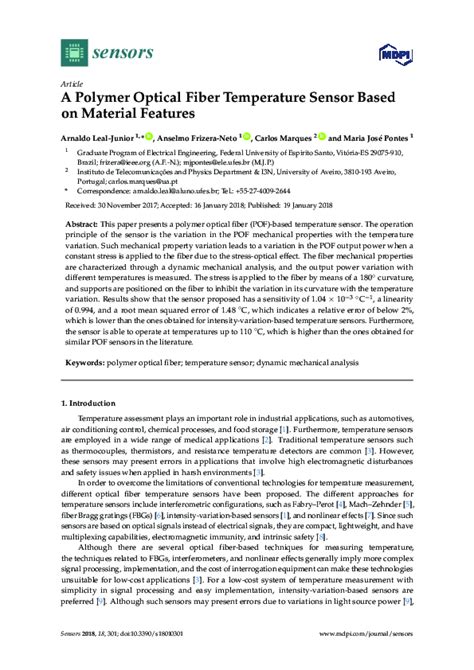 Pdf A Polymer Optical Fiber Temperature Sensor Based On Material Features