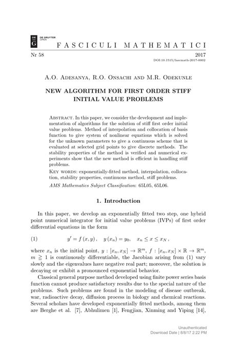 Pdf New Algorithm For First Order Stiff Initial Value Problems