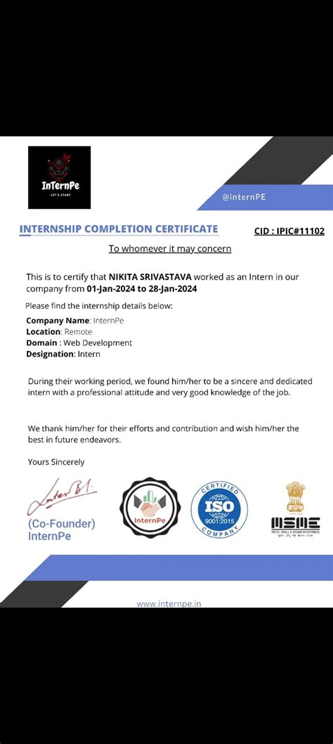 nikita srivastava on linkedin successfully completed my internship at