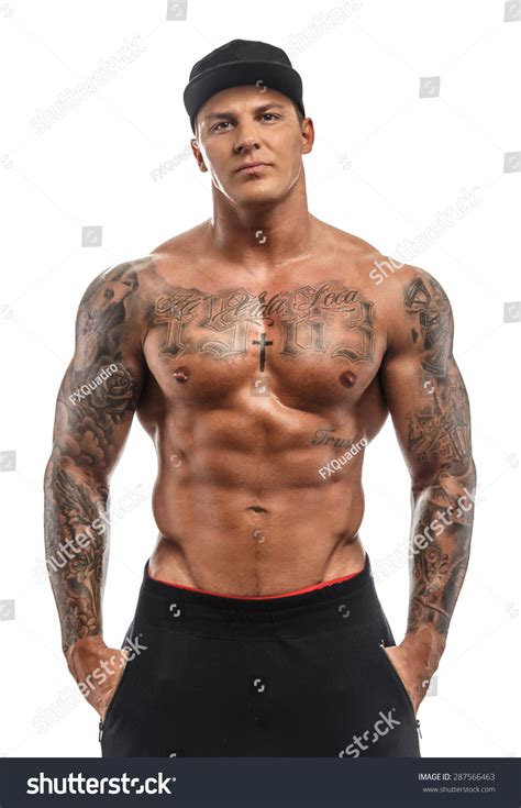 Muscular Tattooed Shirtless Guy Isolated On Stock Photo 287566463