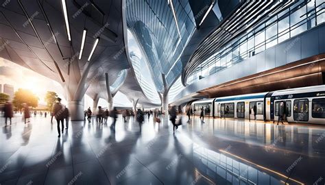 A Modern Urban Transit Station With Sleek Architecture And Bustling Crowds Premium Ai